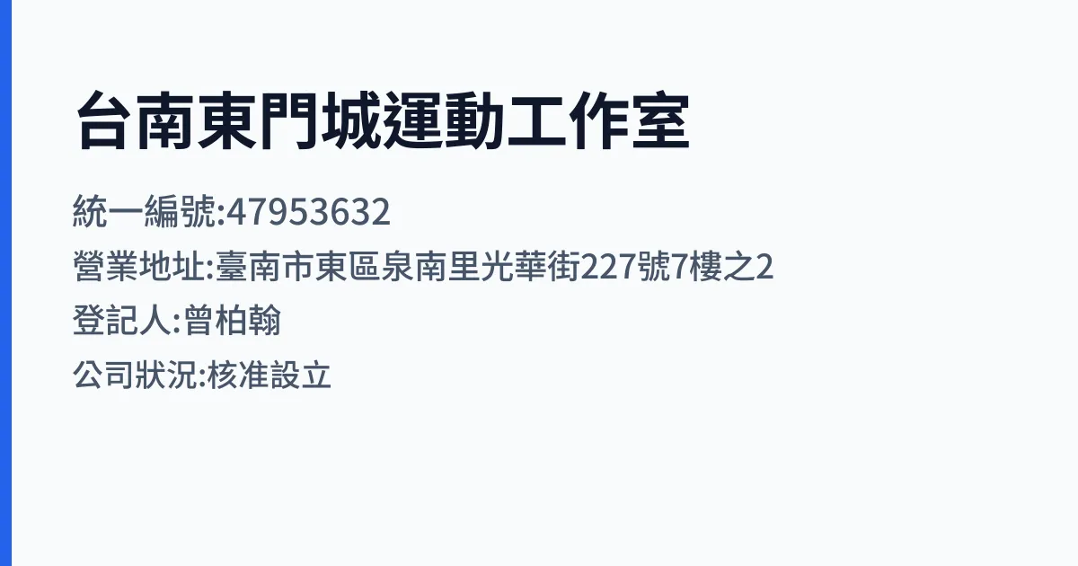 台南東門城運動工作室 - 統編 47953632(臺南市) 公司登記資料與營業項目詳細圖表