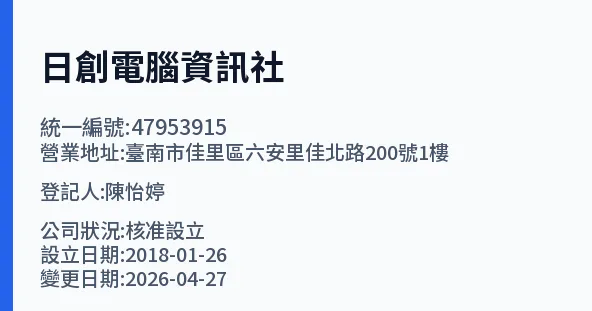 日創電腦資訊社的照片-統編 47953915(臺南市) 公司登記資料與營業項目詳細圖表