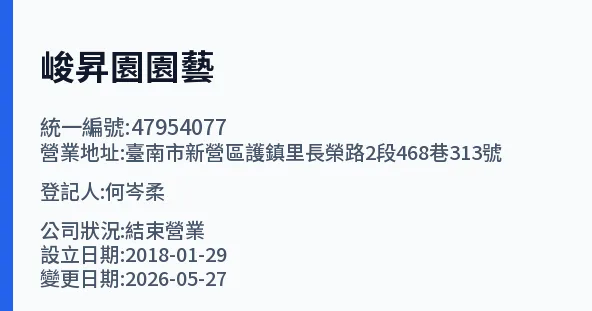 峻昇園園藝的照片-統編 47954077(臺南市) 公司登記資料與營業項目詳細圖表