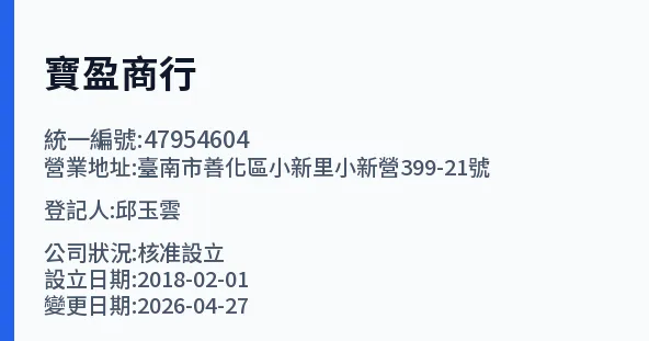 寶盈商行的照片-統編 47954604(臺南市) 公司登記資料與營業項目詳細圖表