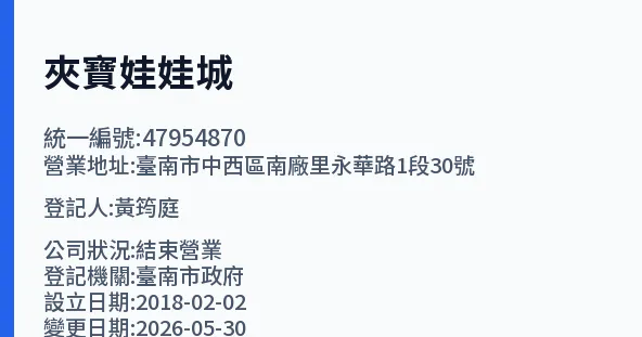 夾寶娃娃城的照片-統編 47954870(臺南市) 公司登記資料與營業項目詳細圖表