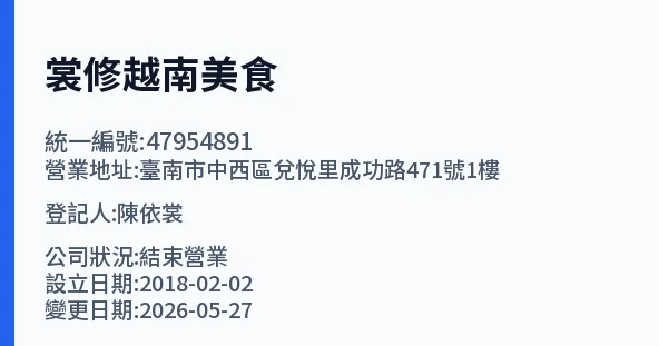 裳修越南美食的照片-統編 47954891(臺南市) 公司登記資料與營業項目詳細圖表