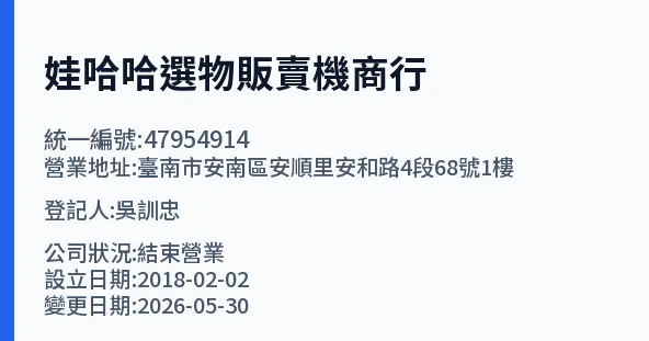 娃哈哈選物販賣機商行的照片-統編 47954914(臺南市) 公司登記資料與營業項目詳細圖表