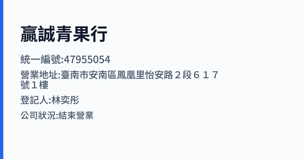 贏誠青果行 - 統編 47955054(臺南市) 公司登記資料與營業項目詳細圖表
