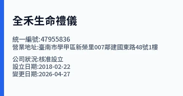 全禾生命禮儀的照片-統編 47955836(臺南市) 公司登記資料與營業項目詳細圖表