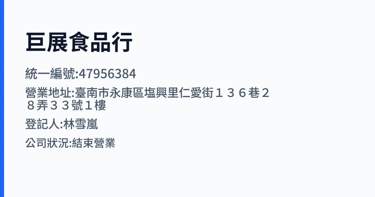 巨展食品行 - 統編 47956384(臺南市) 公司登記資料與營業項目詳細圖表