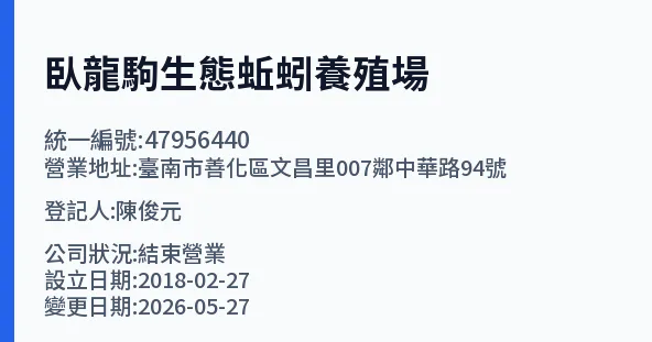 臥龍駒生態蚯蚓養殖場的照片-統編 47956440(臺南市) 公司登記資料與營業項目詳細圖表