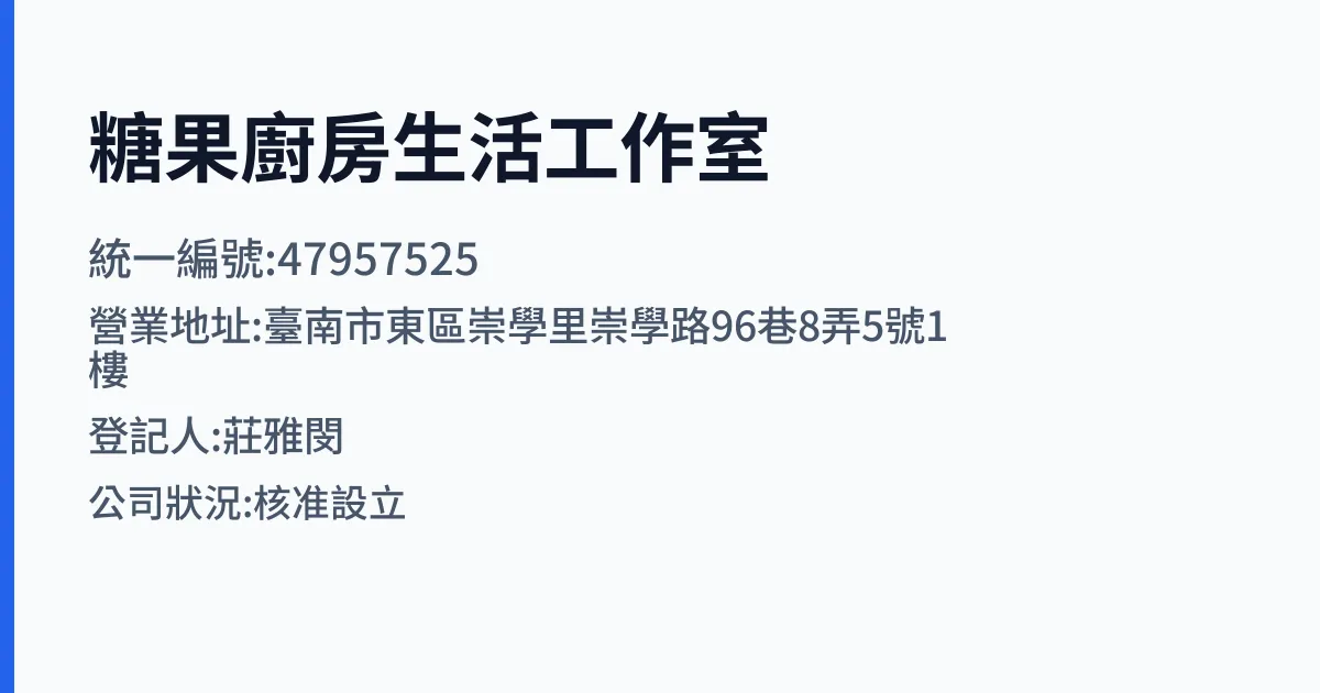 糖果廚房生活工作室 - 統編 47957525(臺南市) 公司登記資料與營業項目詳細圖表