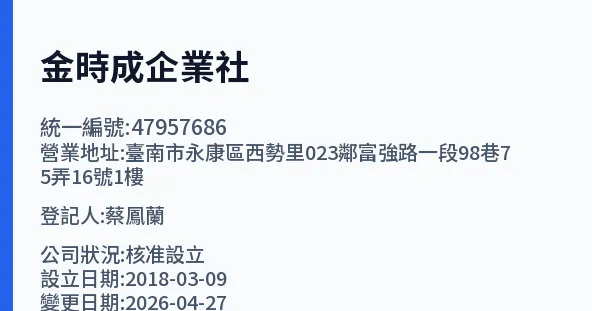 金時成企業社的照片-統編 47957686(臺南市) 公司登記資料與營業項目詳細圖表