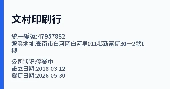 文村印刷行的照片-統編 47957882(臺南市) 公司登記資料與營業項目詳細圖表