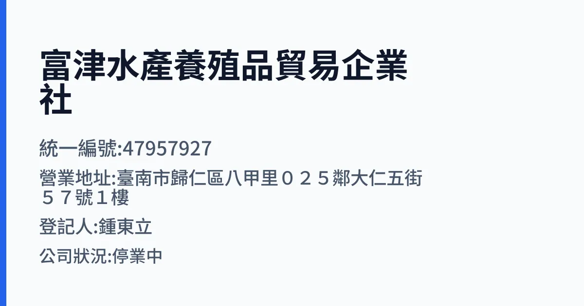 富津水產養殖品貿易企業社 - 統編 47957927(臺南市) 公司登記資料與營業項目詳細圖表