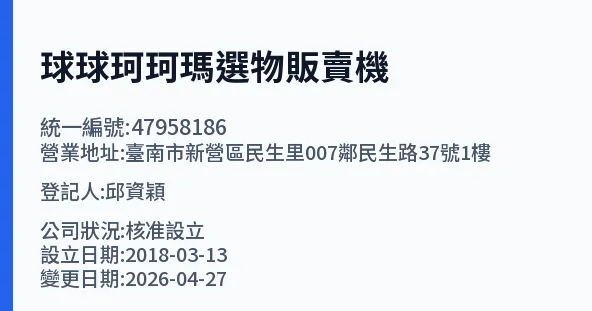 球球珂珂瑪選物販賣機的照片-統編 47958186(臺南市) 公司登記資料與營業項目詳細圖表