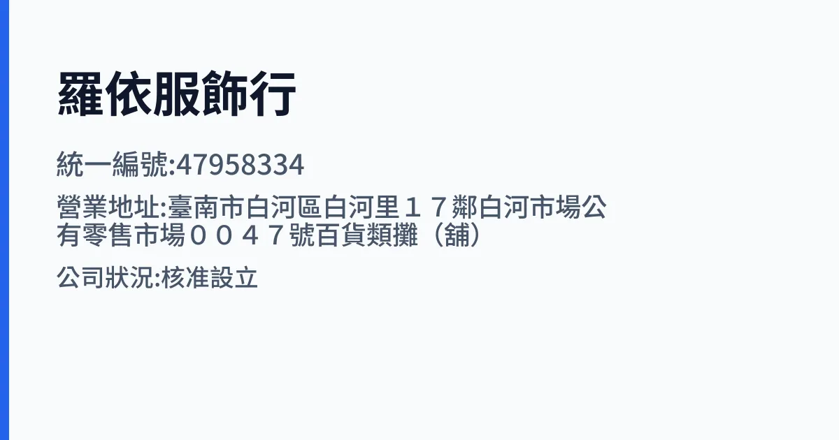 羅依服飾行 - 統編 47958334(臺南市) 公司登記資料與營業項目詳細圖表