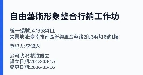 自由藝術形象整合行銷工作坊的照片-統編 47958411(臺南市) 公司登記資料與營業項目詳細圖表