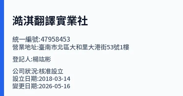 澔淇翻譯實業社的照片-統編 47958453(臺南市) 公司登記資料與營業項目詳細圖表