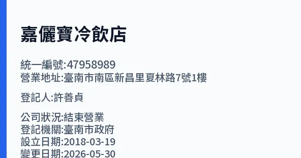 嘉儷寶冷飲店的照片-統編 47958989(臺南市) 公司登記資料與營業項目詳細圖表