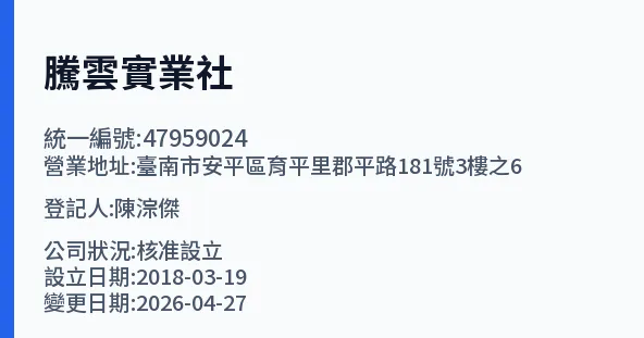 騰雲實業社的照片-統編 47959024(臺南市) 公司登記資料與營業項目詳細圖表