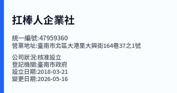 扛棒人企業社的照片-統編 47959360(臺南市) 公司登記資料與營業項目詳細圖表
