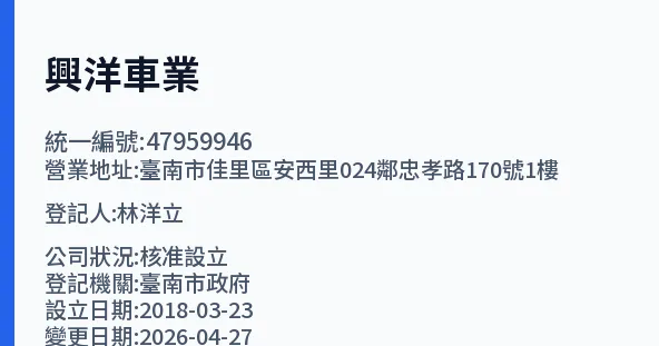 興洋車業的照片-統編 47959946(臺南市) 公司登記資料與營業項目詳細圖表