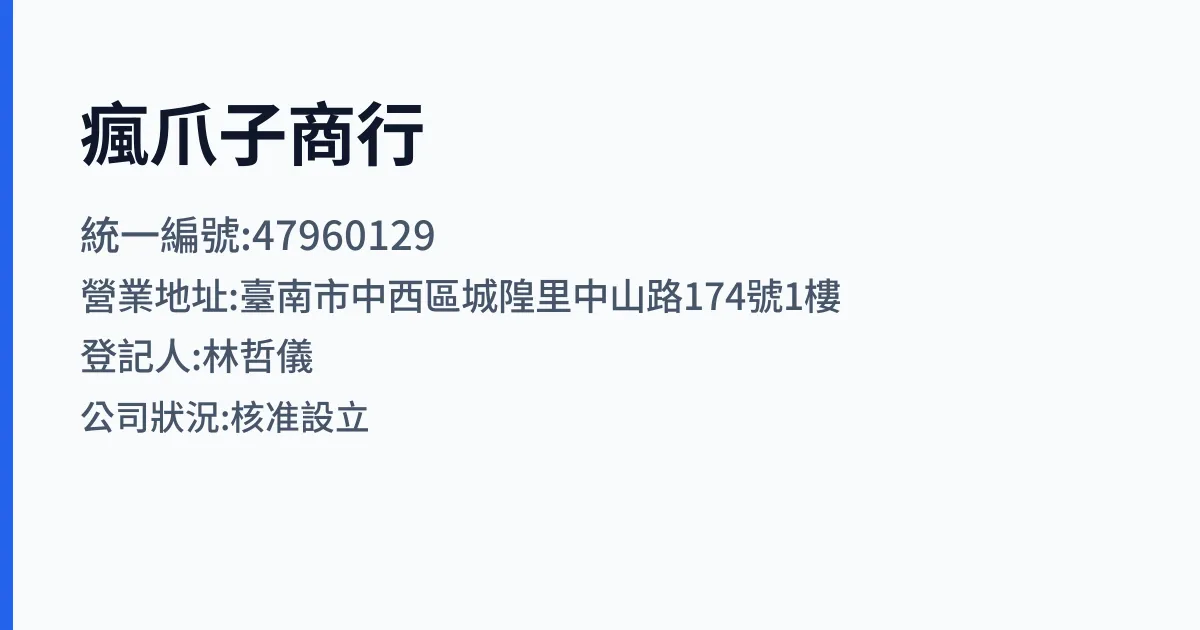 瘋爪子商行 - 統編 47960129(臺南市) 公司登記資料與營業項目詳細圖表