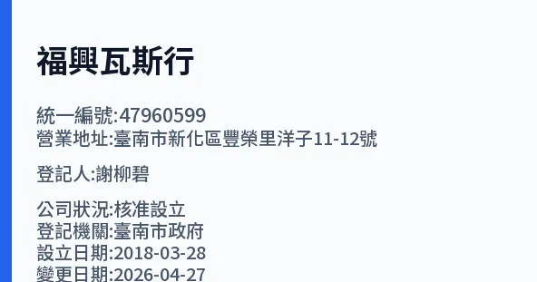 福興瓦斯行的照片-統編 47960599(臺南市) 公司登記資料與營業項目詳細圖表