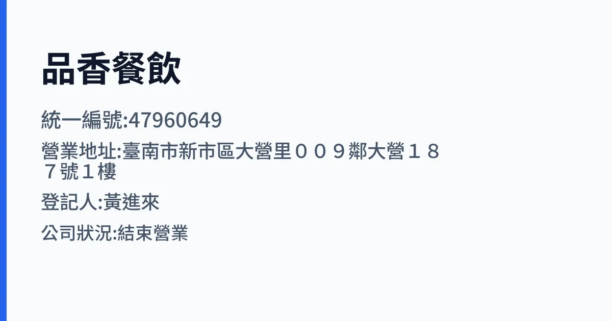 品香餐飲 - 統編 47960649(臺南市) 公司登記資料與營業項目詳細圖表
