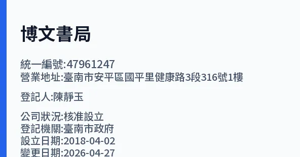 博文書局的照片-統編 47961247(臺南市) 公司登記資料與營業項目詳細圖表