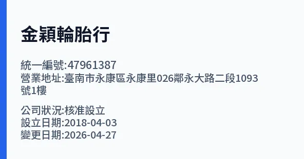 金穎輪胎行的照片-統編 47961387(臺南市) 公司登記資料與營業項目詳細圖表