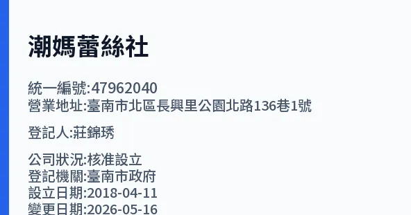 潮媽蕾絲社的照片-統編 47962040(臺南市) 公司登記資料與營業項目詳細圖表