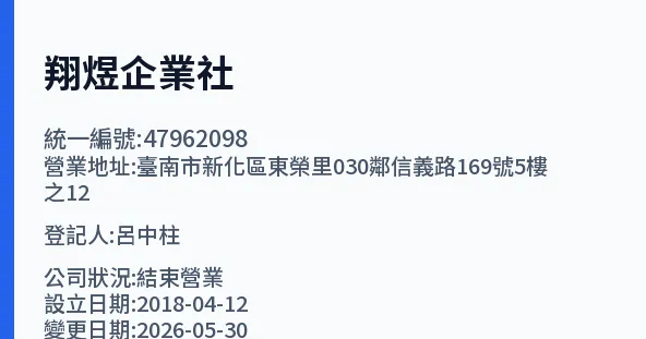 翔煜企業社的照片-統編 47962098(臺南市) 公司登記資料與營業項目詳細圖表
