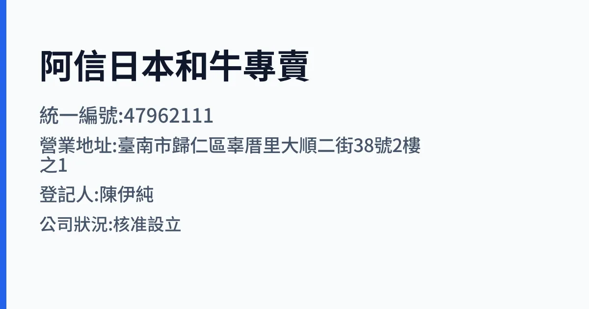阿信日本和牛專賣 - 統編 47962111(臺南市) 公司登記資料與營業項目詳細圖表