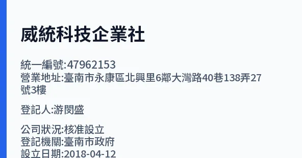 威統科技企業社的照片-統編 47962153(臺南市) 公司登記資料與營業項目詳細圖表