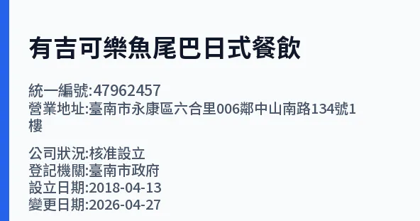 有吉可樂魚尾巴日式餐飲的照片-統編 47962457(臺南市) 公司登記資料與營業項目詳細圖表