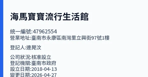 海馬寶寶流行生活館的照片-統編 47962554(臺南市) 公司登記資料與營業項目詳細圖表