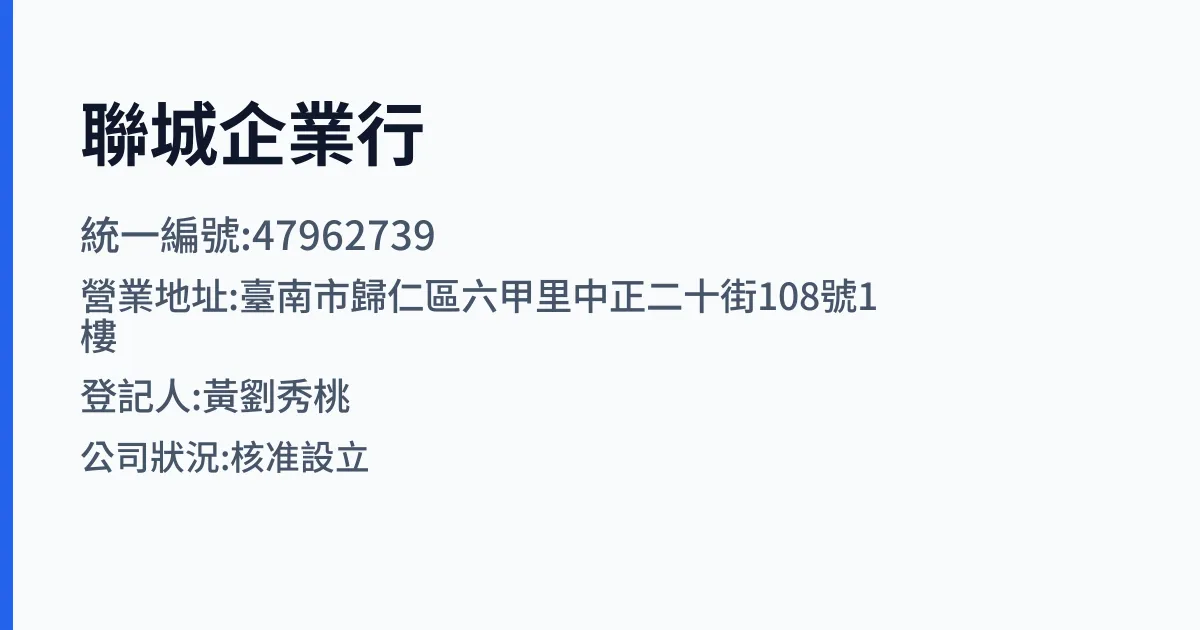 聯城企業行 - 統編 47962739(臺南市) 公司登記資料與營業項目詳細圖表
