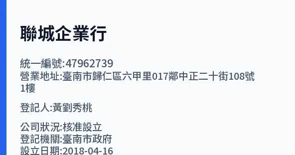 聯城企業行的照片-統編 47962739(臺南市) 公司登記資料與營業項目詳細圖表