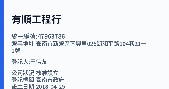 有順工程行的照片-統編 47963786(臺南市) 公司登記資料與營業項目詳細圖表