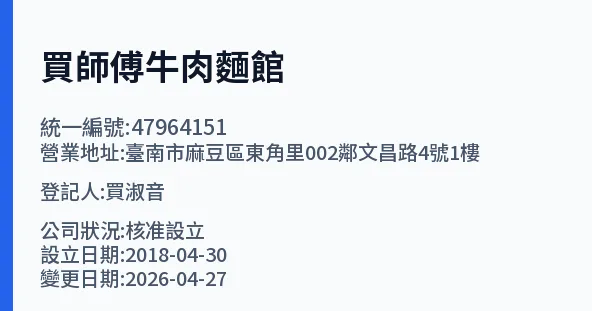 買師傅牛肉麵館的照片-統編 47964151(臺南市) 公司登記資料與營業項目詳細圖表