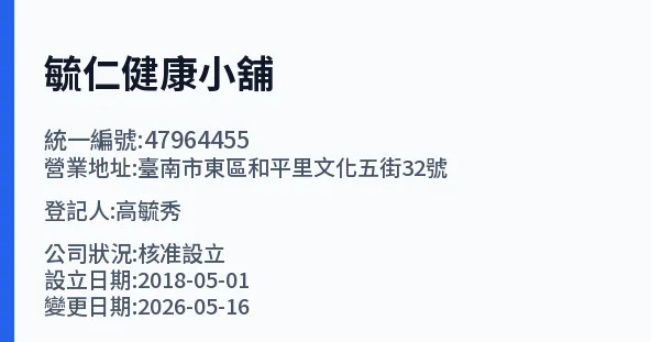 毓仁健康小舖的照片-統編 47964455(臺南市) 公司登記資料與營業項目詳細圖表