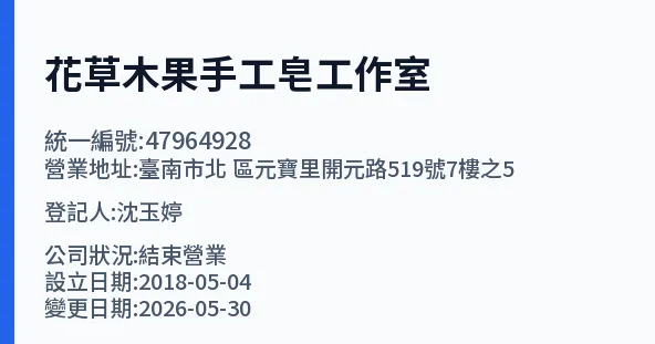 花草木果手工皂工作室的照片-統編 47964928(臺南市) 公司登記資料與營業項目詳細圖表