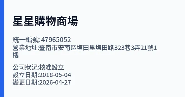 星星購物商場的照片-統編 47965052(臺南市) 公司登記資料與營業項目詳細圖表