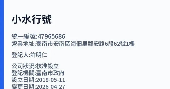 小水行號的照片-統編 47965686(臺南市) 公司登記資料與營業項目詳細圖表