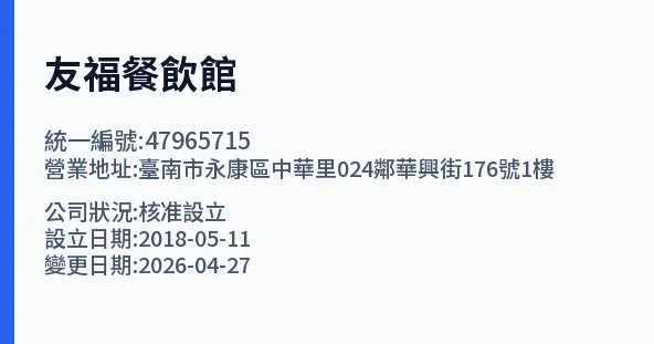 友福餐飲館的照片-統編 47965715(臺南市) 公司登記資料與營業項目詳細圖表