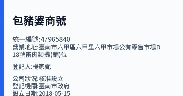 包豬婆商號的照片-統編 47965840(臺南市) 公司登記資料與營業項目詳細圖表