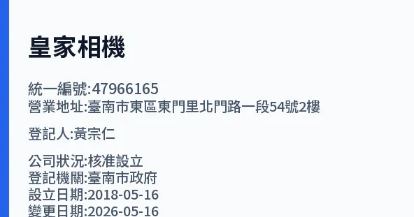 皇家相機的照片-統編 47966165(臺南市) 公司登記資料與營業項目詳細圖表