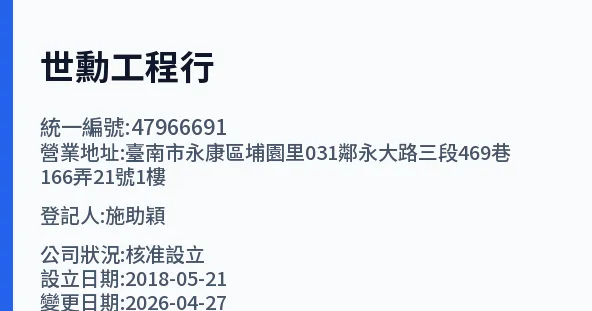 世勳工程行的照片-統編 47966691(臺南市) 公司登記資料與營業項目詳細圖表