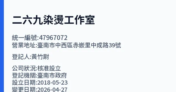 二六九染燙工作室的照片-統編 47967072(臺南市) 公司登記資料與營業項目詳細圖表
