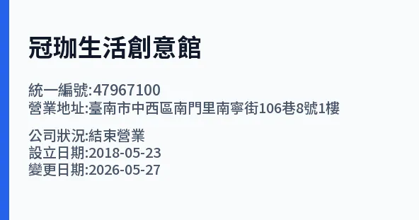 冠珈生活創意館的照片-統編 47967100(臺南市) 公司登記資料與營業項目詳細圖表