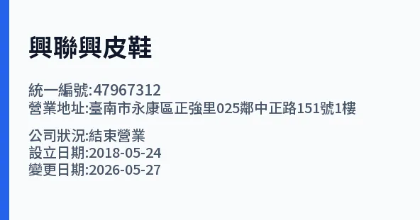 興聯興皮鞋的照片-統編 47967312(臺南市) 公司登記資料與營業項目詳細圖表