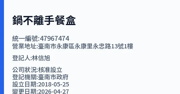 鍋不離手餐盒的照片-統編 47967474(臺南市) 公司登記資料與營業項目詳細圖表